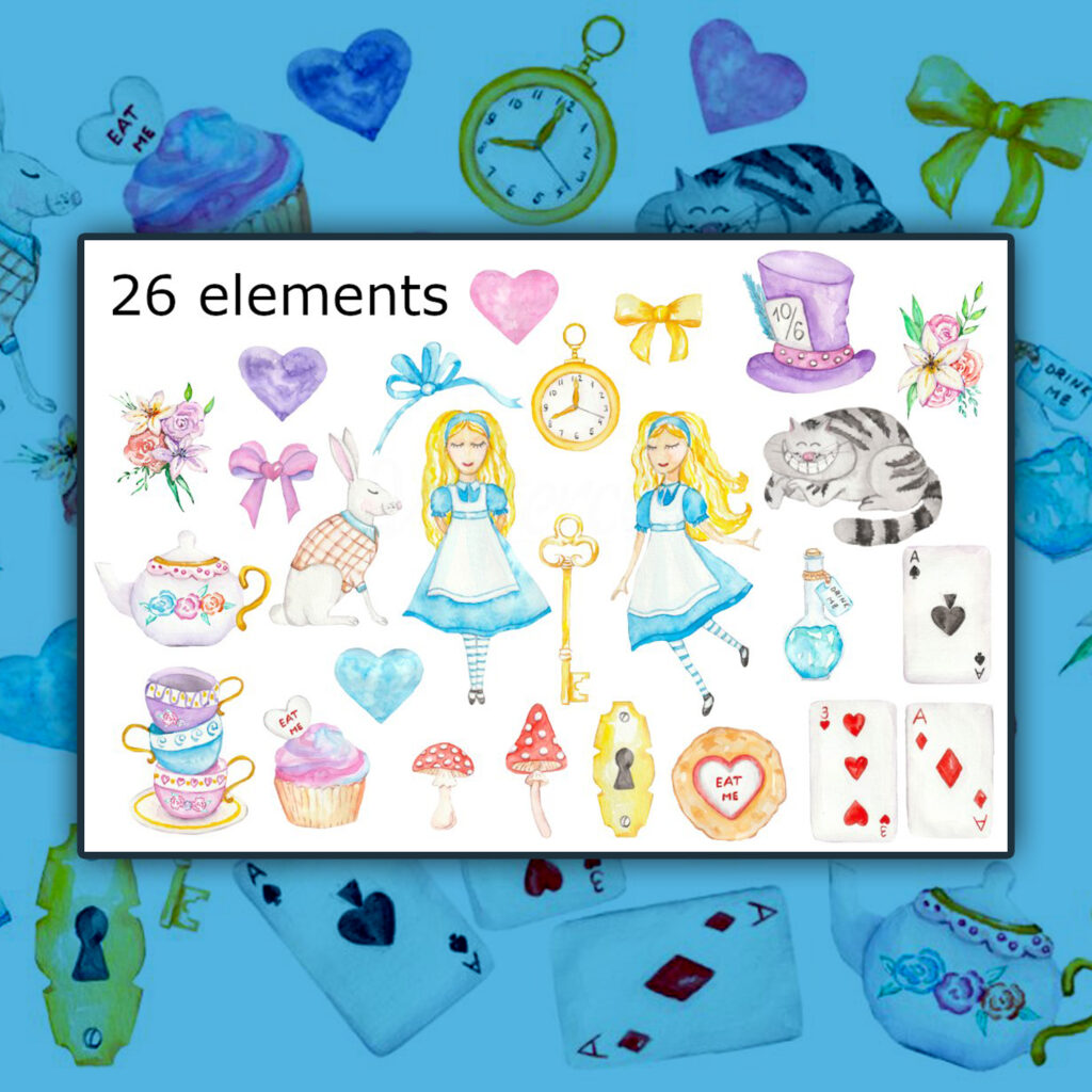 WATERCOLOR CLIPART Alice In Wonderland Fairy Tale Book Tea – MasterBundles