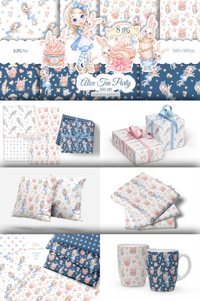 Alice In Wonderland Digital Paper Tea Party Seamless Pattern ...