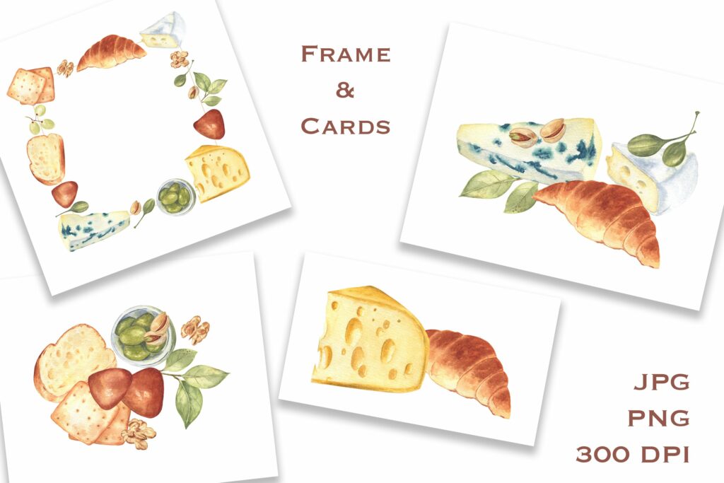Cheese And Snacks. Watercolor Clipart, Patterns. JPG, PNG – MasterBundles