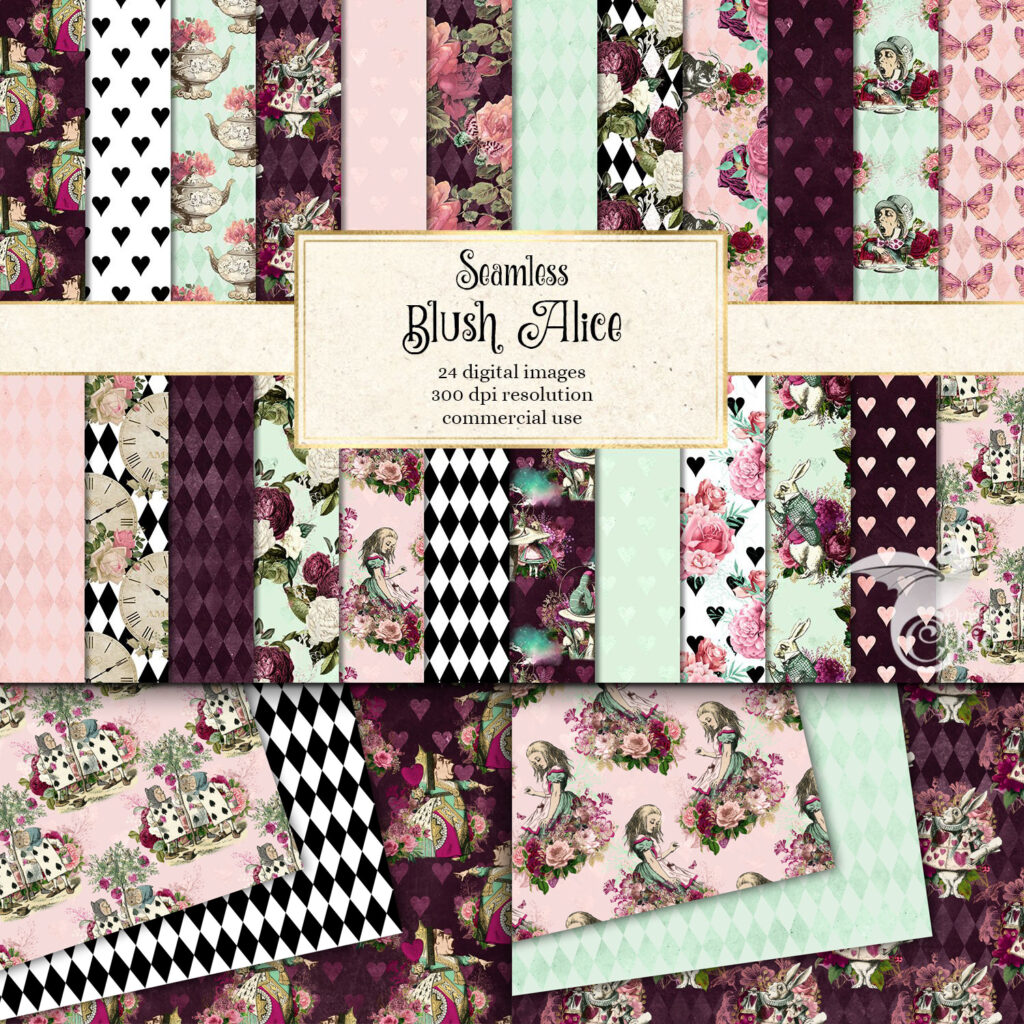 Blush Mint And Burgundy Alice In Wonderland Digital Paper – MasterBundles