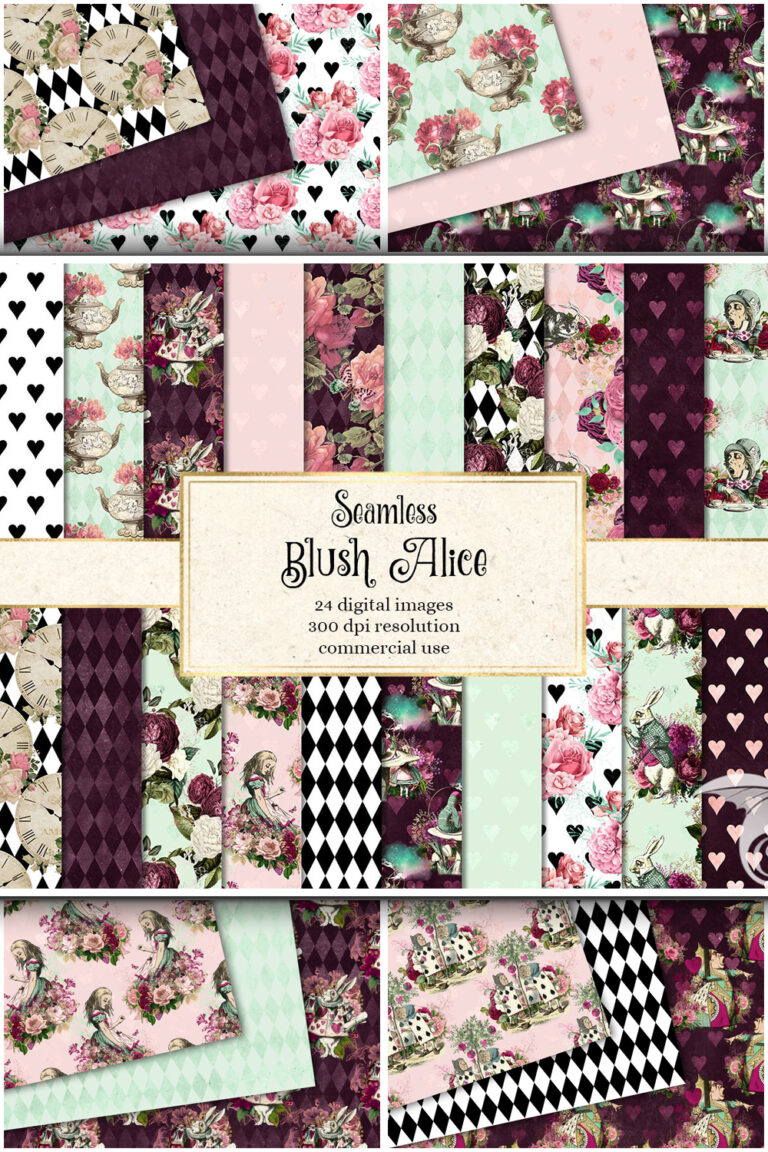 Blush Mint And Burgundy Alice In Wonderland Digital Paper – MasterBundles