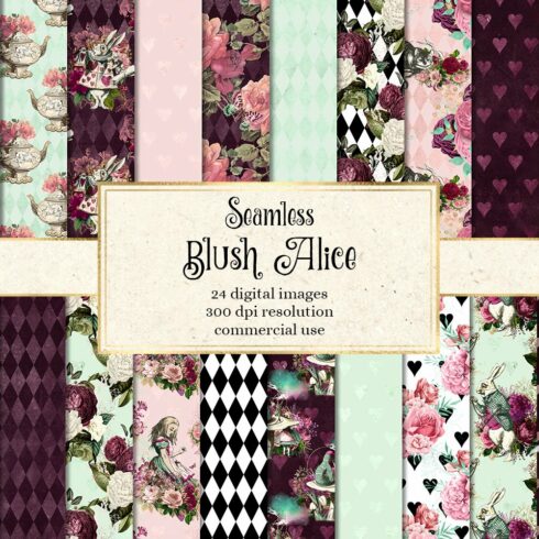 Blush Mint And Burgundy Alice In Wonderland Digital Paper | Master Bundles