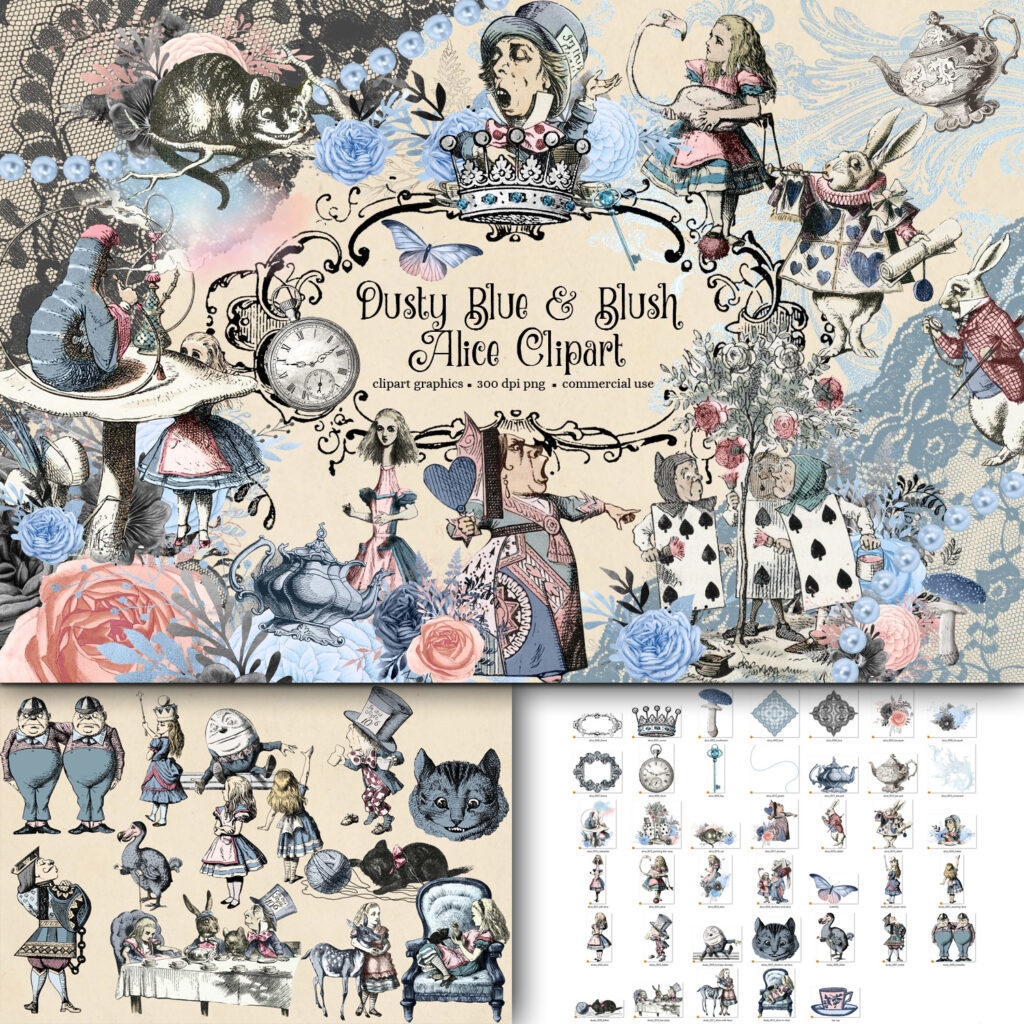 Dusty Blue and Blush Pink Alice In Wonderland Journal Paper – MasterBundles
