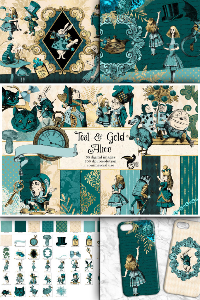 Teal And Gold Alice In Wonderland Graphics – MasterBundles