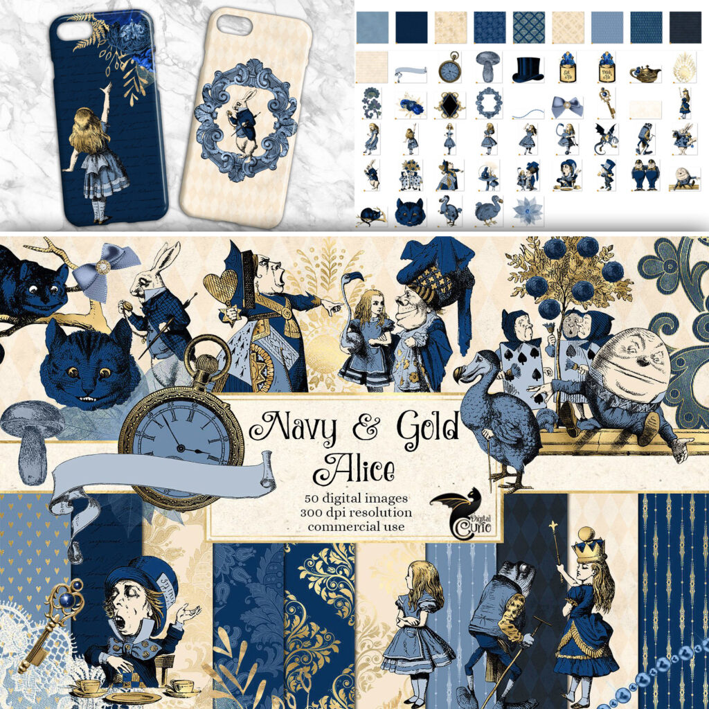 Navy Blue And Gold Alice In Wonderland Graphics – MasterBundles