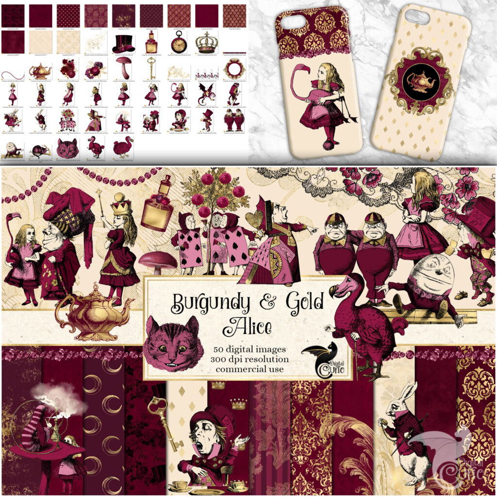Burgundy And Gold Alice In Wonderland Graphics – MasterBundles