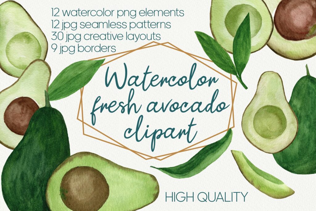 Watercolor Avocado Clipart, Bundle, Vegan Healthy Food Art – MasterBundles