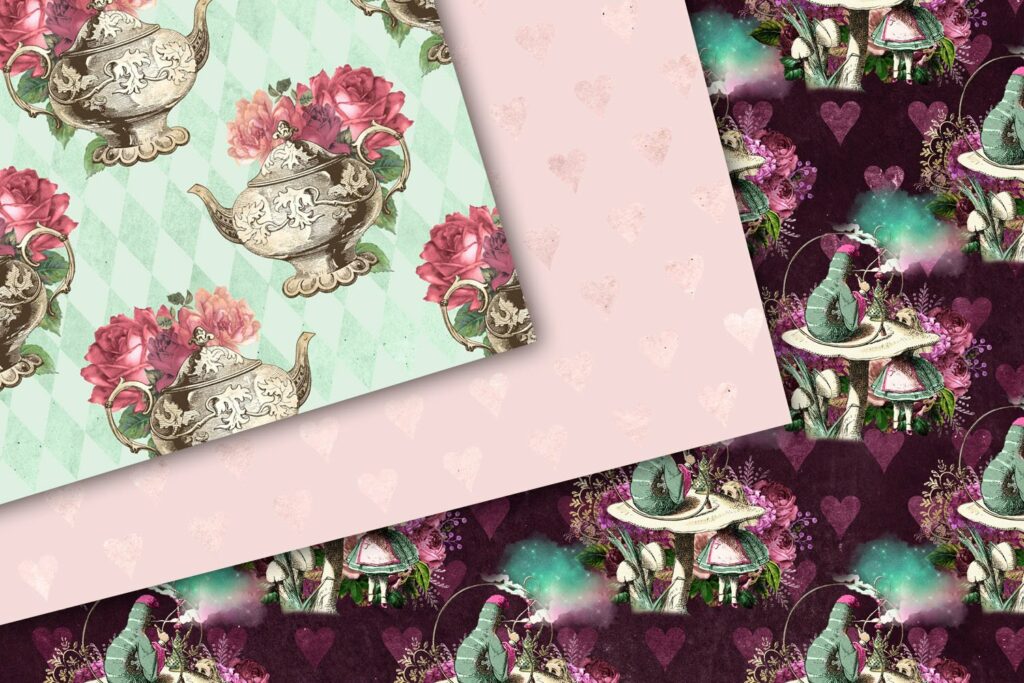 Blush Mint And Burgundy Alice In Wonderland Digital Paper – MasterBundles