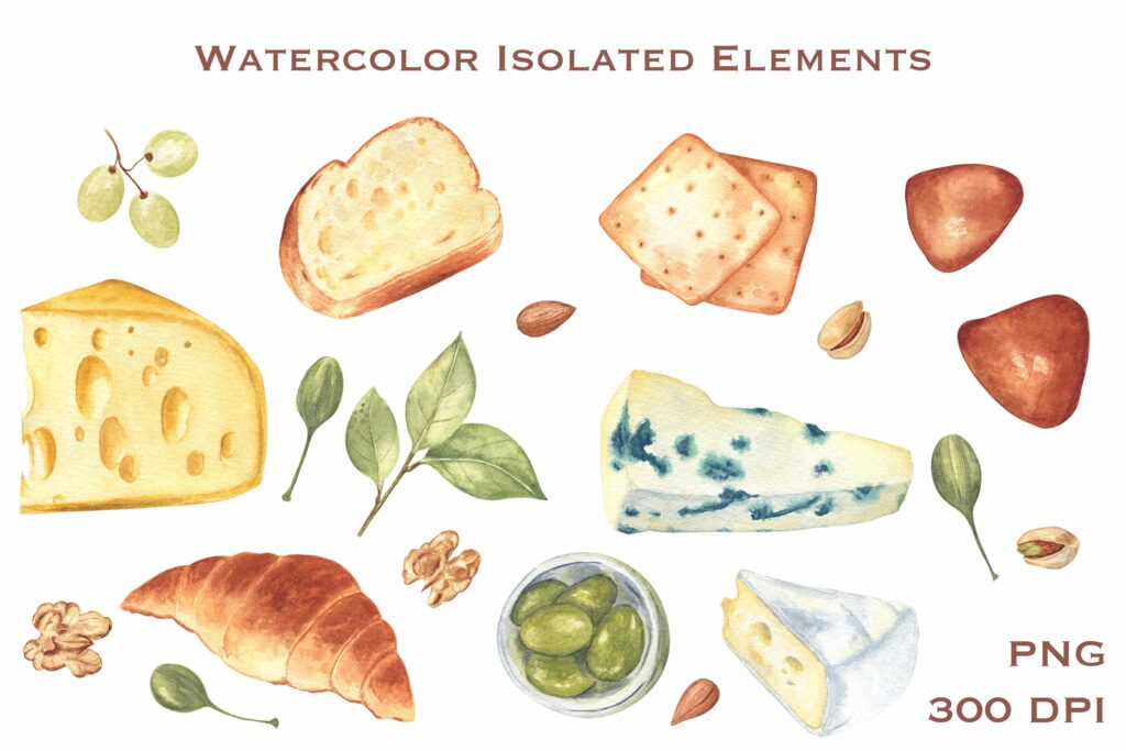 Cheese And Snacks. Watercolor Clipart, Patterns. JPG, PNG – MasterBundles