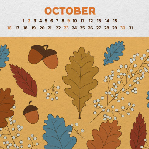 Free October Calendar Acorns And Leaves | Master Bundles