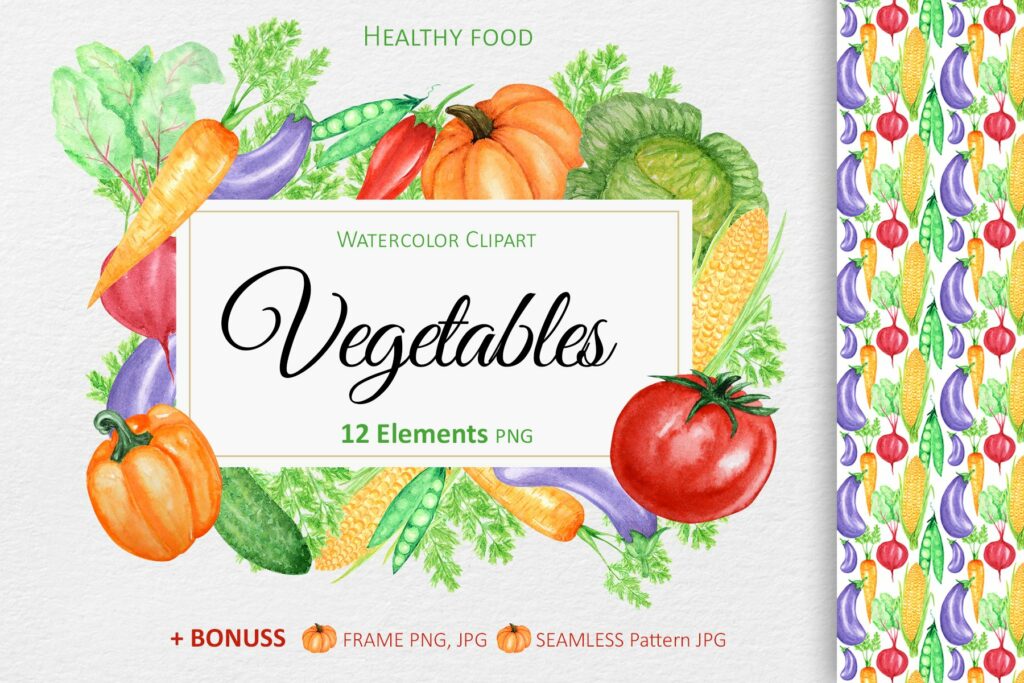 Vegetables Watercolor Clipart & Pattern - Healthy Vegan Food ...
