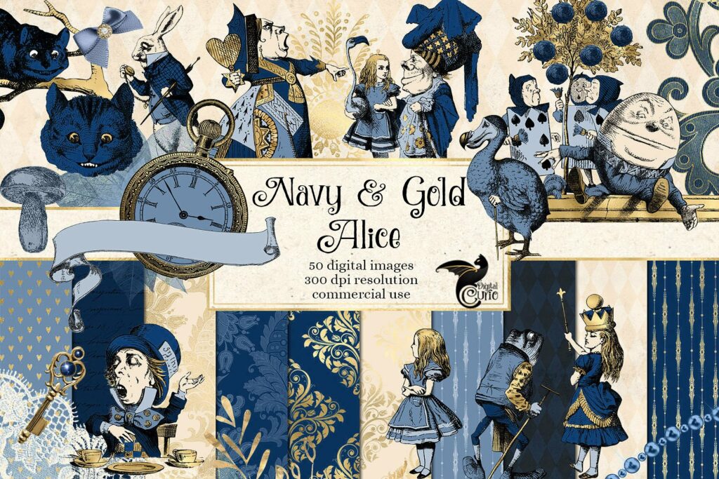 Navy Blue And Gold Alice In Wonderland Graphics – MasterBundles