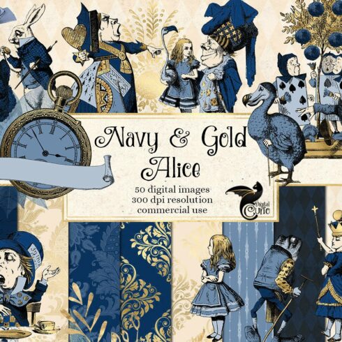 Navy Blue And Gold Alice In Wonderland Graphics | Master Bundles
