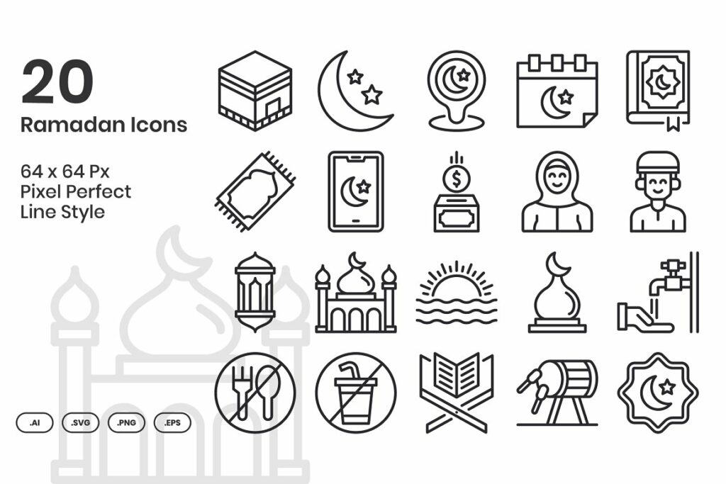20 Aesthetic Ramadan Line Art Icons – MasterBundles