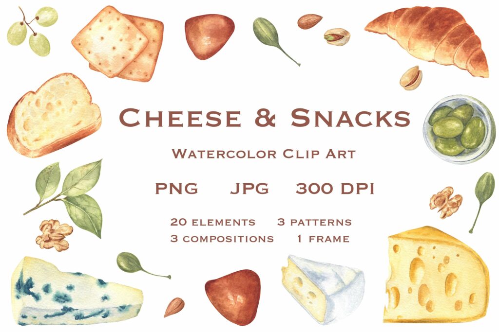 Cheese And Snacks. Watercolor Clipart, Patterns. JPG, PNG – MasterBundles