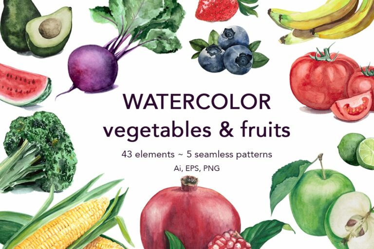 Watercolor Vegetables & Fruits 43 Elements – MasterBundles