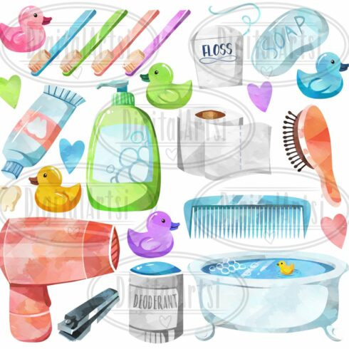 Watercolor Bathroom Supplies Clipart | Master Bundles