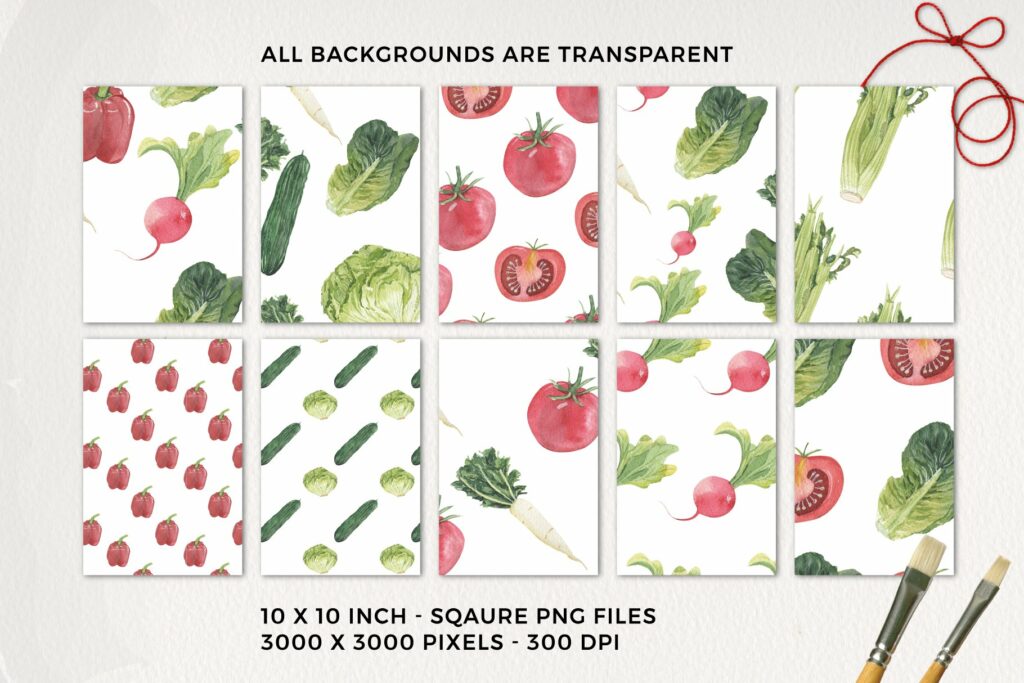 Super Salad Watercolor Seamless Patterns Vegan Digital – MasterBundles