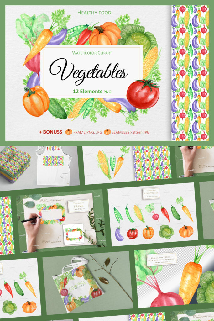 Vegetables Watercolor Clipart & Pattern - Healthy Vegan Food ...