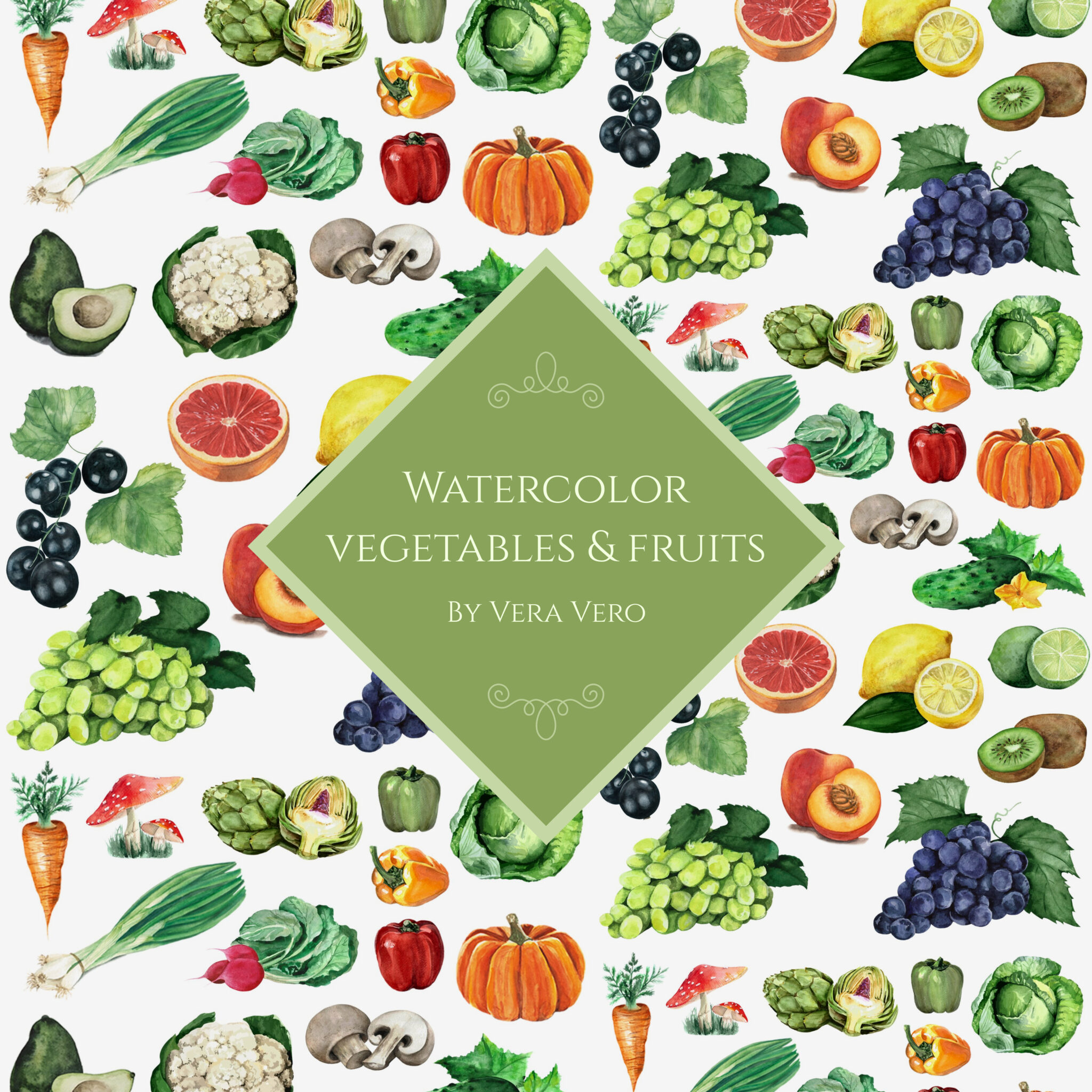 Watercolor Vegetables & Fruits 43 Elements – MasterBundles
