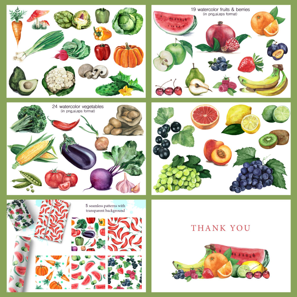 Watercolor Vegetables & Fruits 43 Elements – MasterBundles