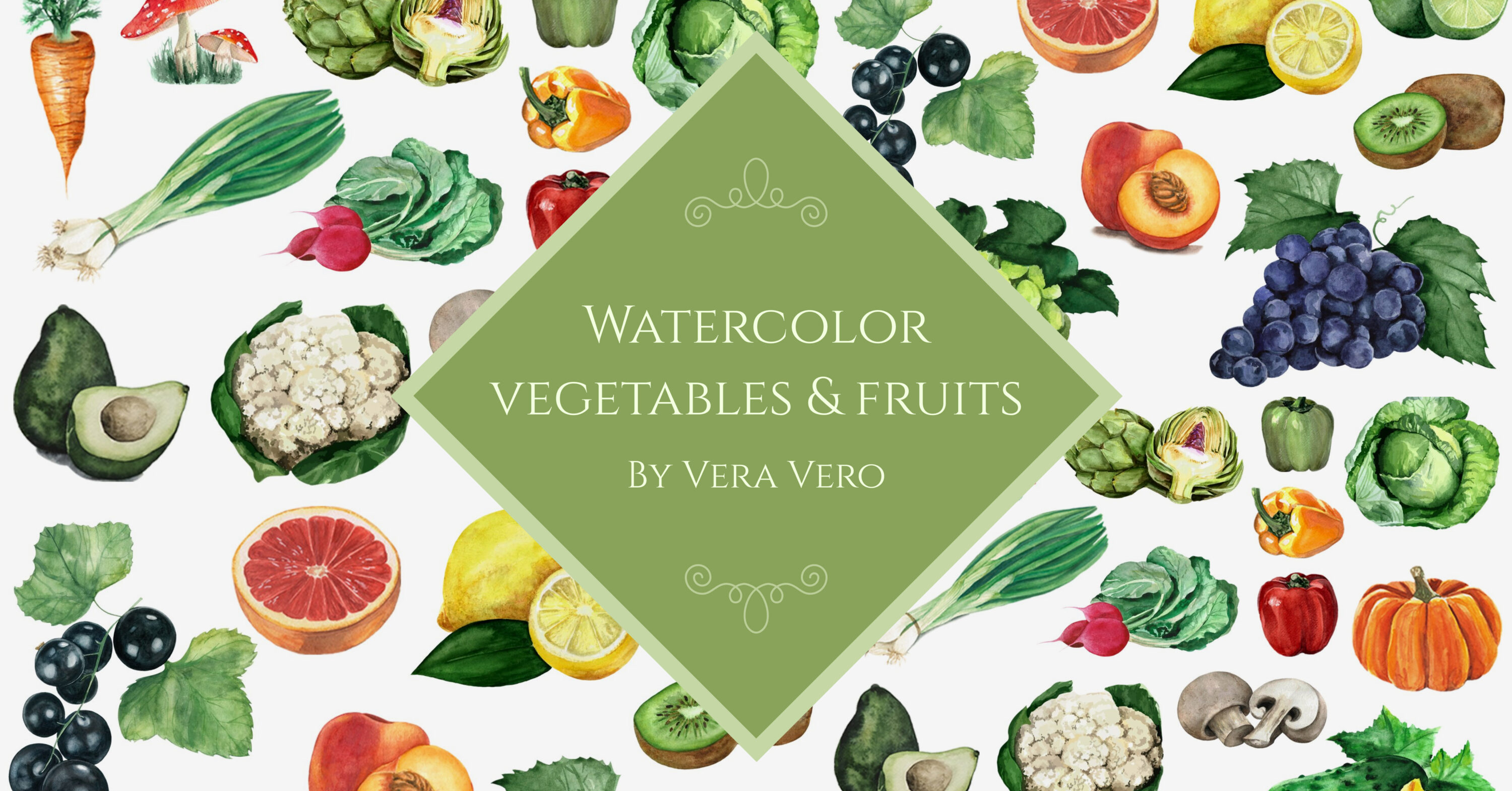 Watercolor Vegetables & Fruits 43 Elements – MasterBundles