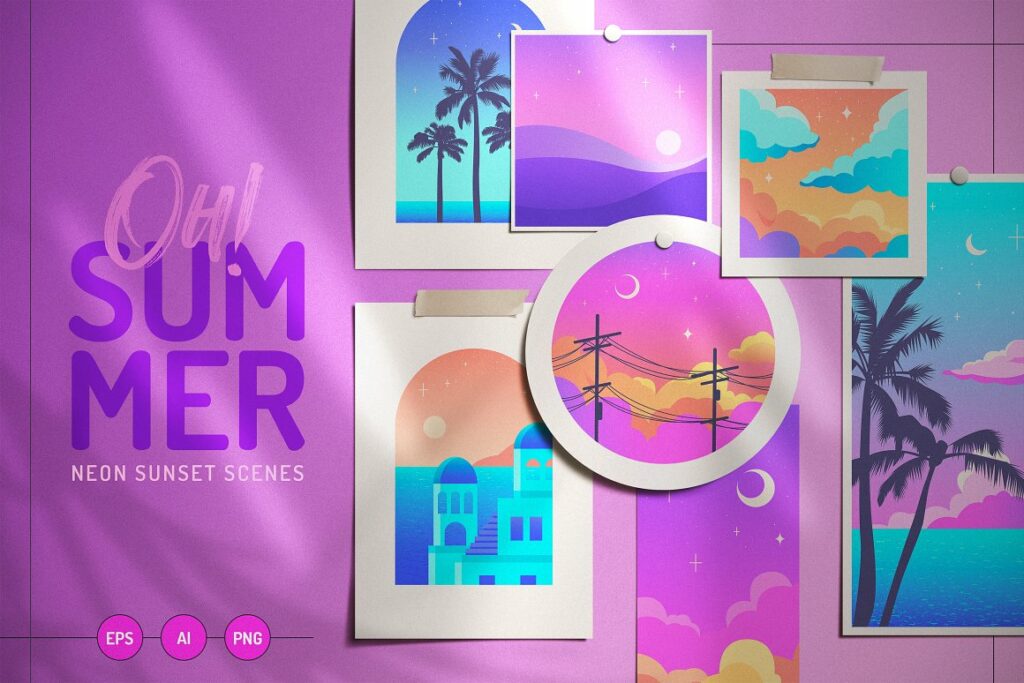 Oh Summer! Neon Sunset Scene Set | Master Bundles