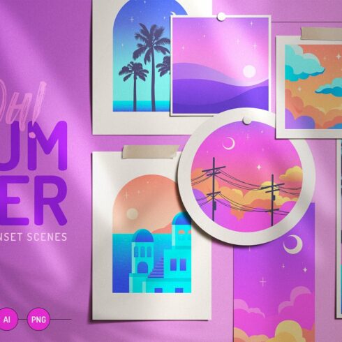 Oh Summer! Neon Sunset Scene Set | Master Bundles