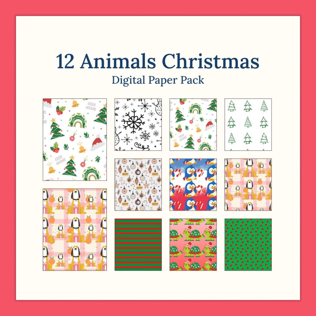 12 Animals Christmas Pictures Digital Paper Pack – MasterBundles