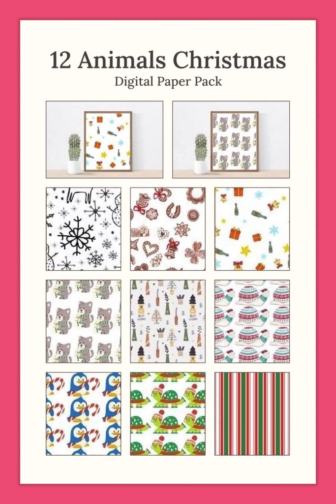12 Cute Animals Christmas Digital Paper Pack – MasterBundles