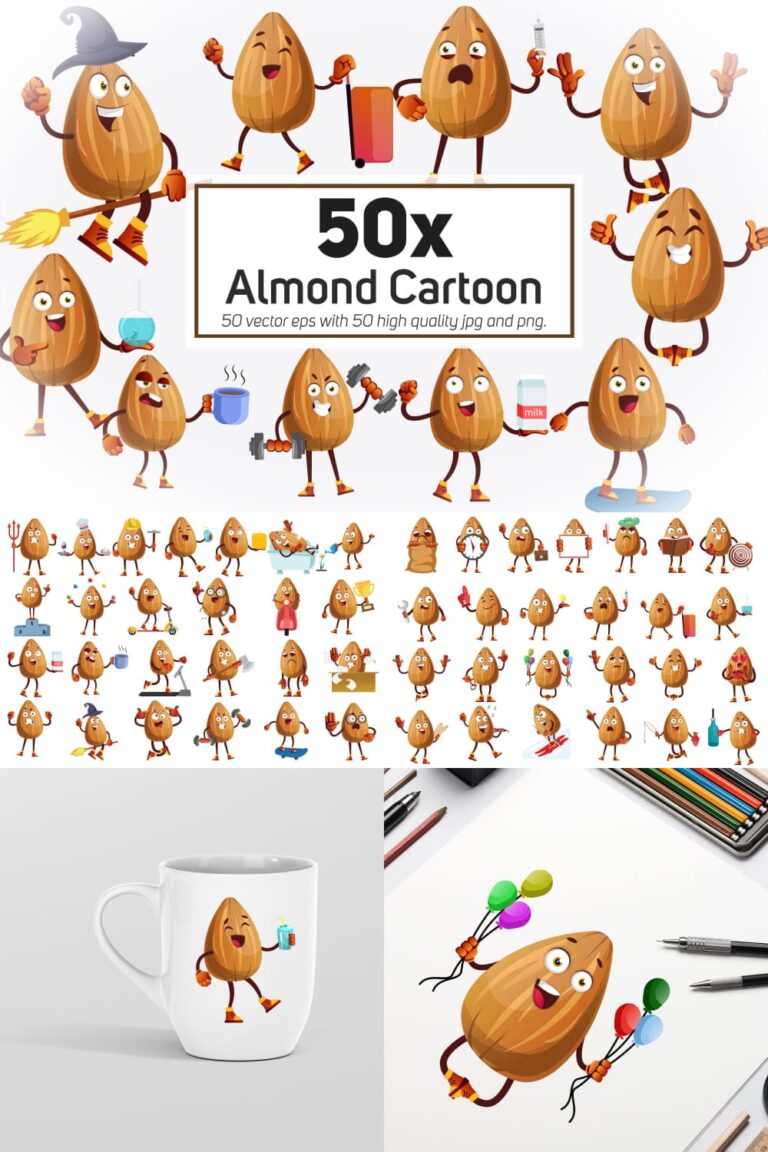 50x Almond in Different Cartoon Collection Illustration – MasterBundles