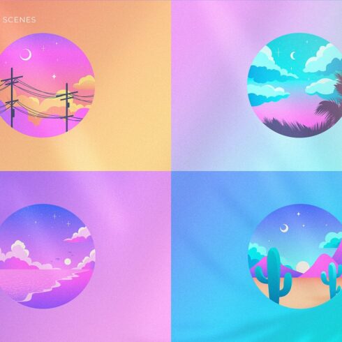 Oh Summer! Neon Sunset Scene Set | Master Bundles