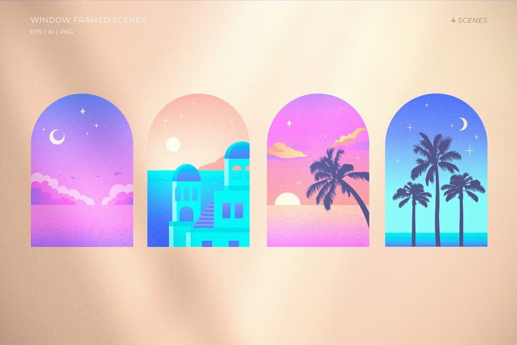 Oh Summer! Neon Sunset Scene Set | Master Bundles