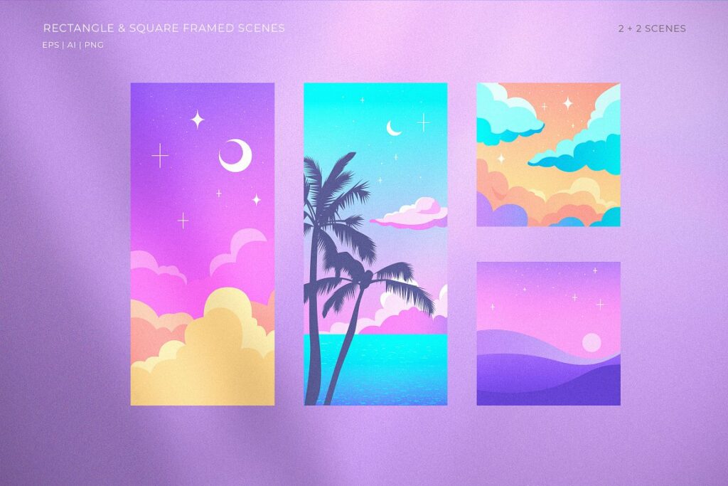 Oh Summer! Neon Sunset Scene Set | Master Bundles