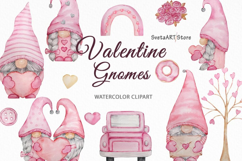 Watercolor Valentine Gnomes Clipart – MasterBundles
