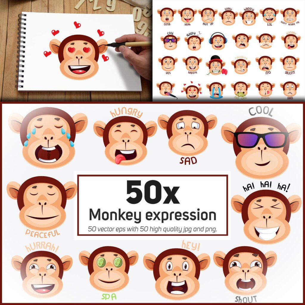50 Monkey Expression Emoticon Collection Illustration – MasterBundles