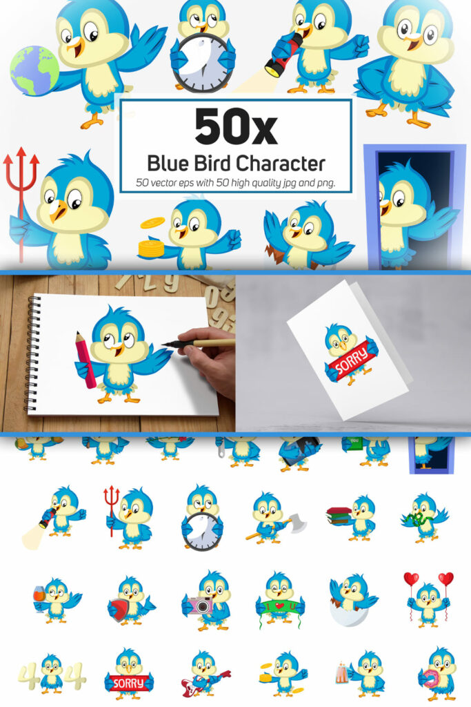 50 Blue Bird Character Collection Illustration – MasterBundles