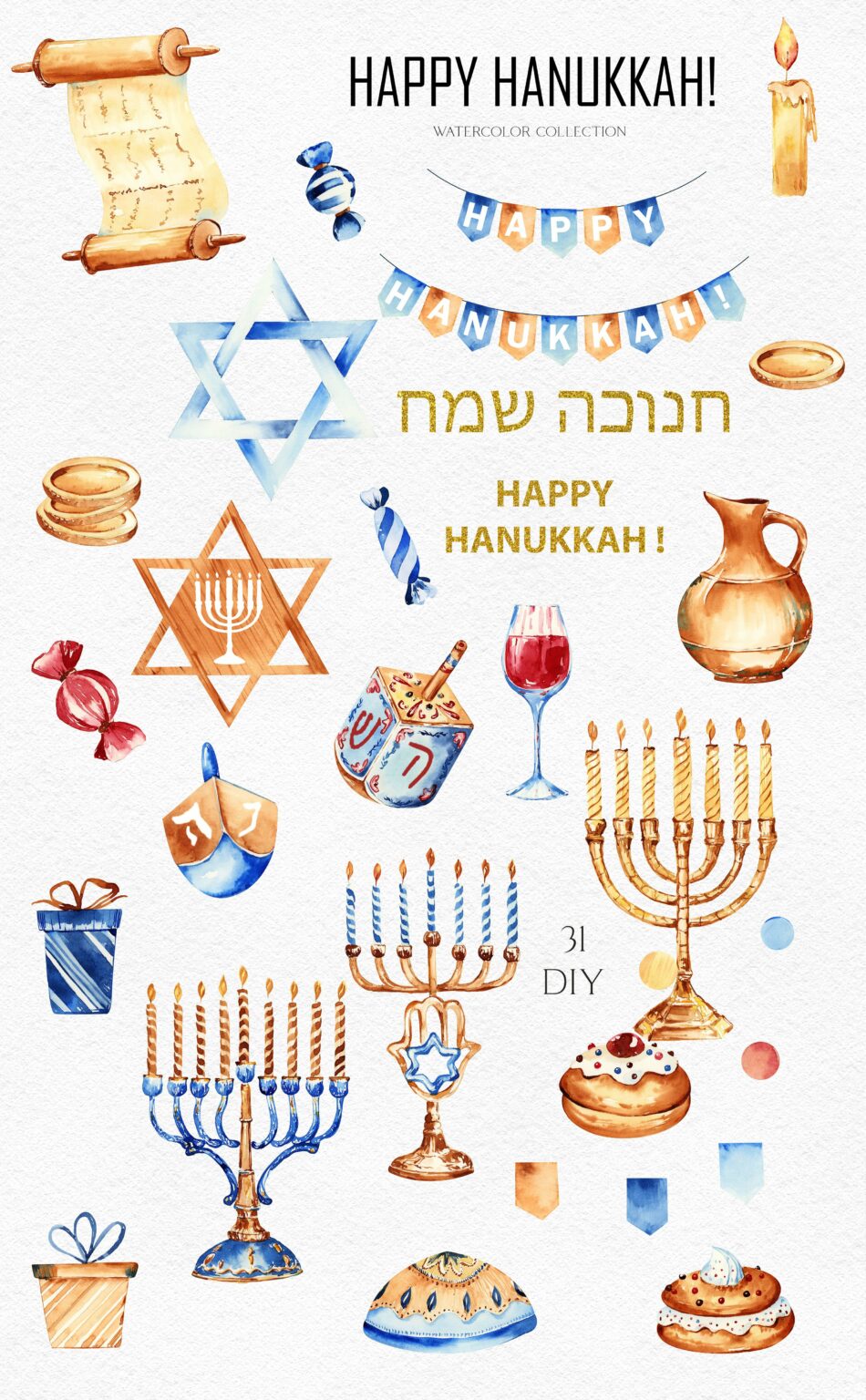 Hanukkah Watercolor Jewish Holiday Clipart Religious – MasterBundles