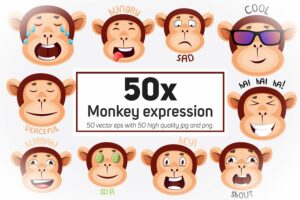 50 Monkey Expression Emoticon Collection Illustration | MasterBundles