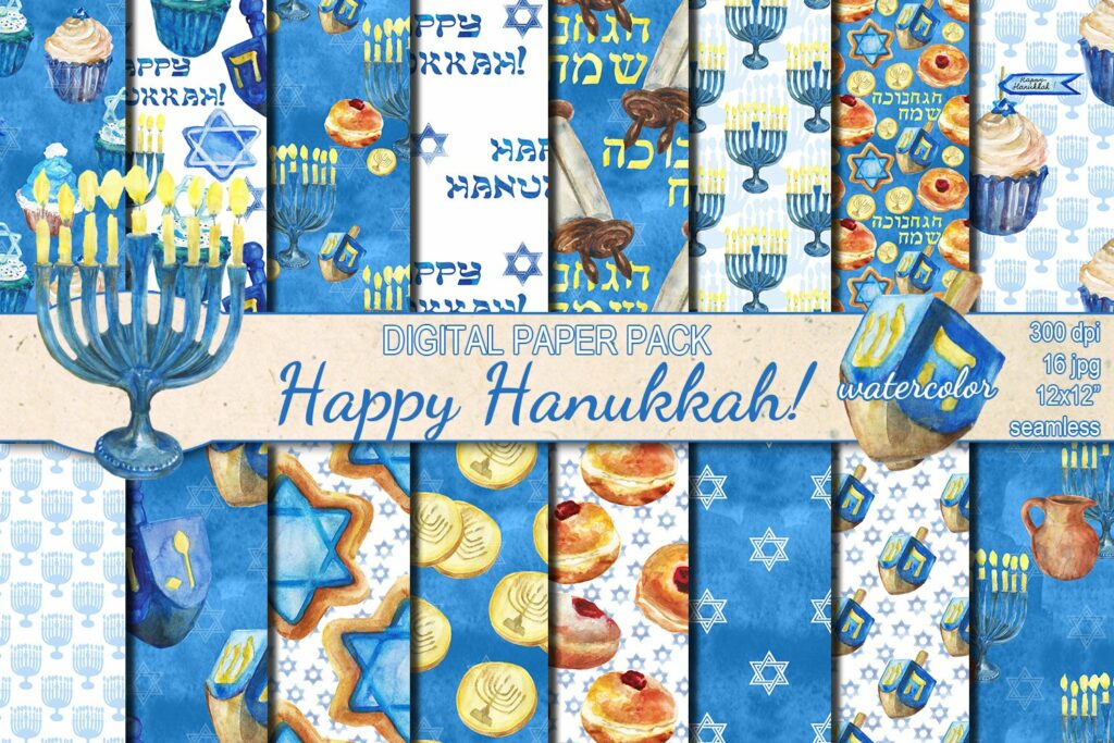 Watercolor Happy Hanukkah Seamless Digital Paper Pack – MasterBundles