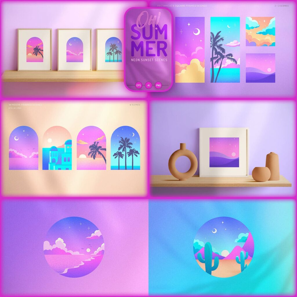 Oh Summer! Neon Sunset Scene Set | Master Bundles