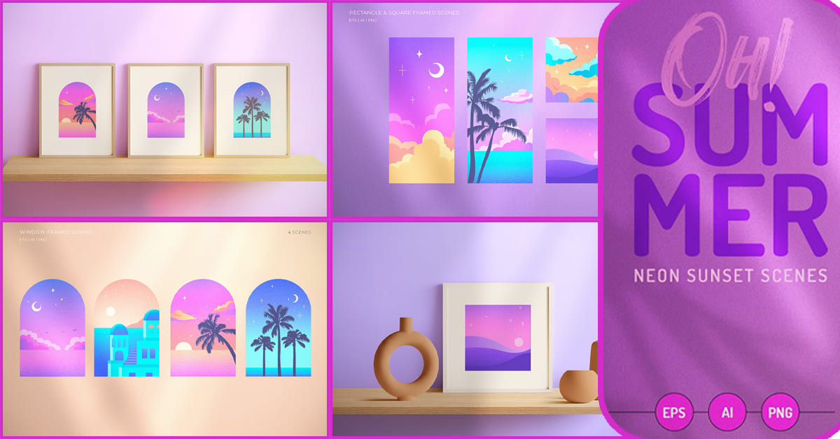 Oh Summer! Neon Sunset Scene Set | Master Bundles
