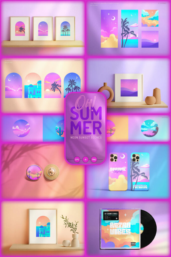Oh Summer! Neon Sunset Scene Set | Master Bundles