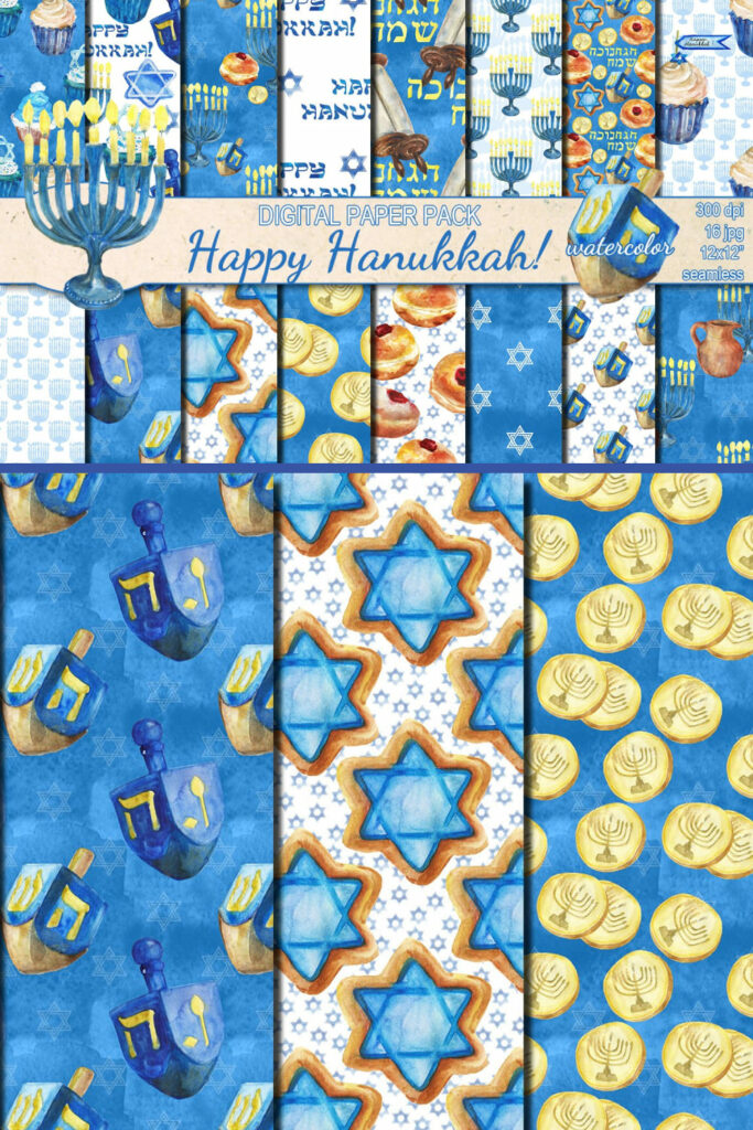 Watercolor Happy Hanukkah Seamless Digital Paper Pack – MasterBundles