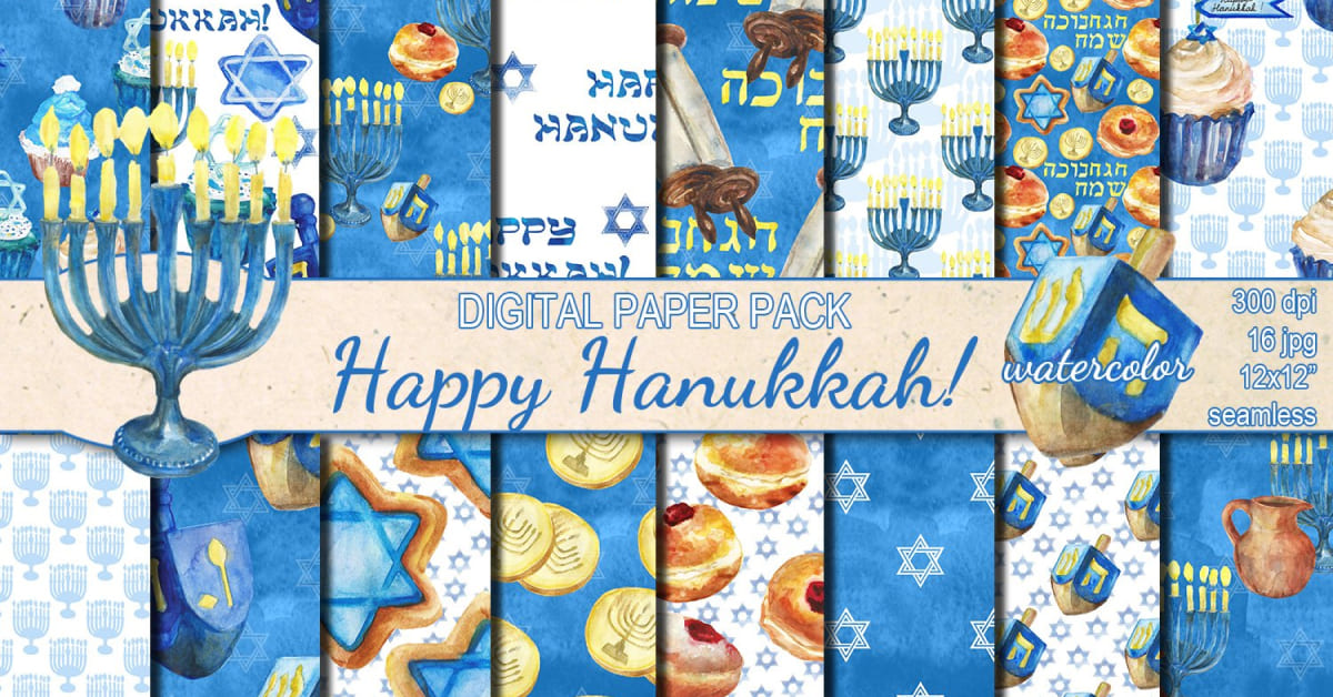 Watercolor Happy Hanukkah Seamless Digital Paper Pack – MasterBundles