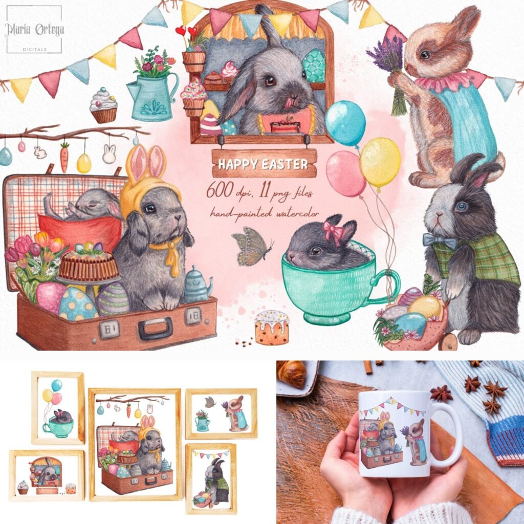 Happy Easter Watercolor Clipart | MasterBundles