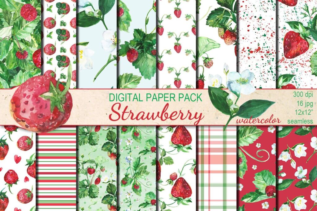 Watercolor Strawberry Seamless Digital Paper Pack – MasterBundles