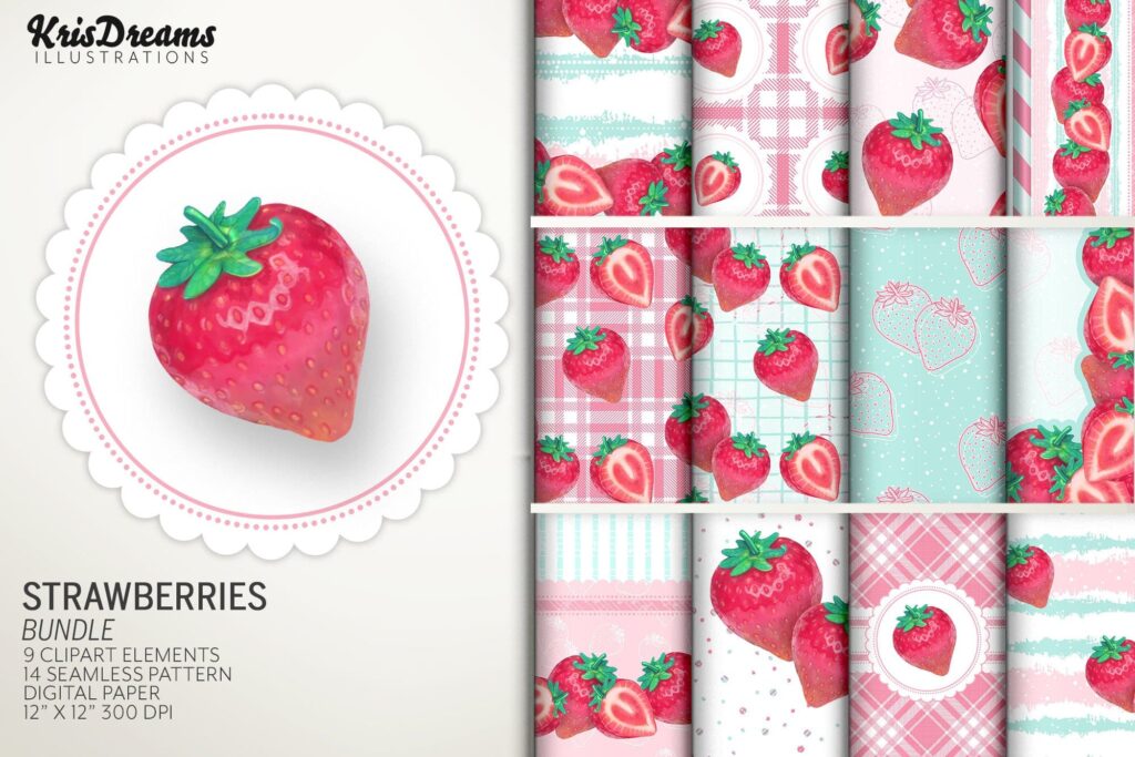 Strawberry Clipart and Digital Paper Graphics Bundle – MasterBundles
