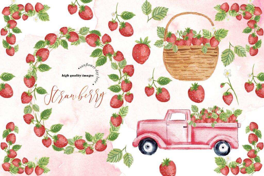 Summer Strawberry Clipart, Watercolor Strawberry Clipart – MasterBundles