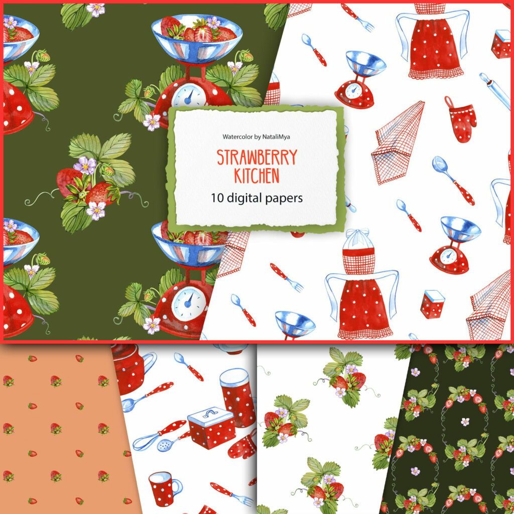 Watercolor Strawberry Decor Clipart. Farmhouse Kitchen Decor ...